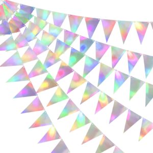 iridescent triangle pennant banner flag bunting garland party hanging flags holographic decorations for birthday anniversary wedding bridal baby shower disco party decoration supplies(40 ft)