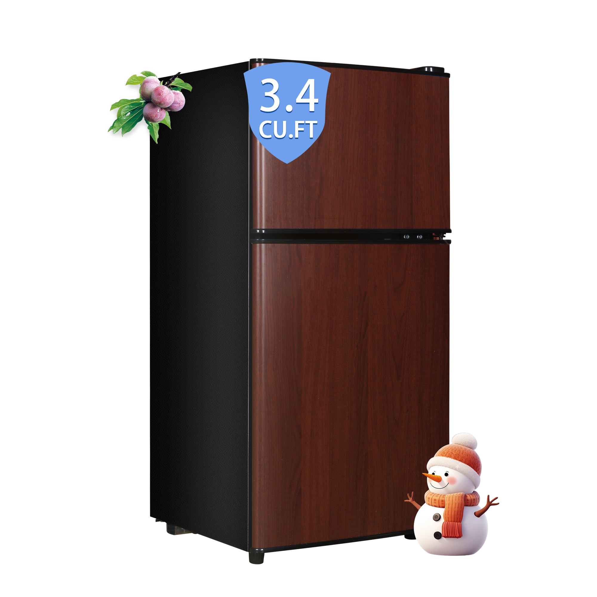 OOTDAY 3.4 Cu.Ft Compact Refrigerator, Small Fridge with Double Door, Apartment Size Refrigerator with 7 Level Adjustable Thermostat Control Perfect for Kitchen Dorm Apartment Office Wood