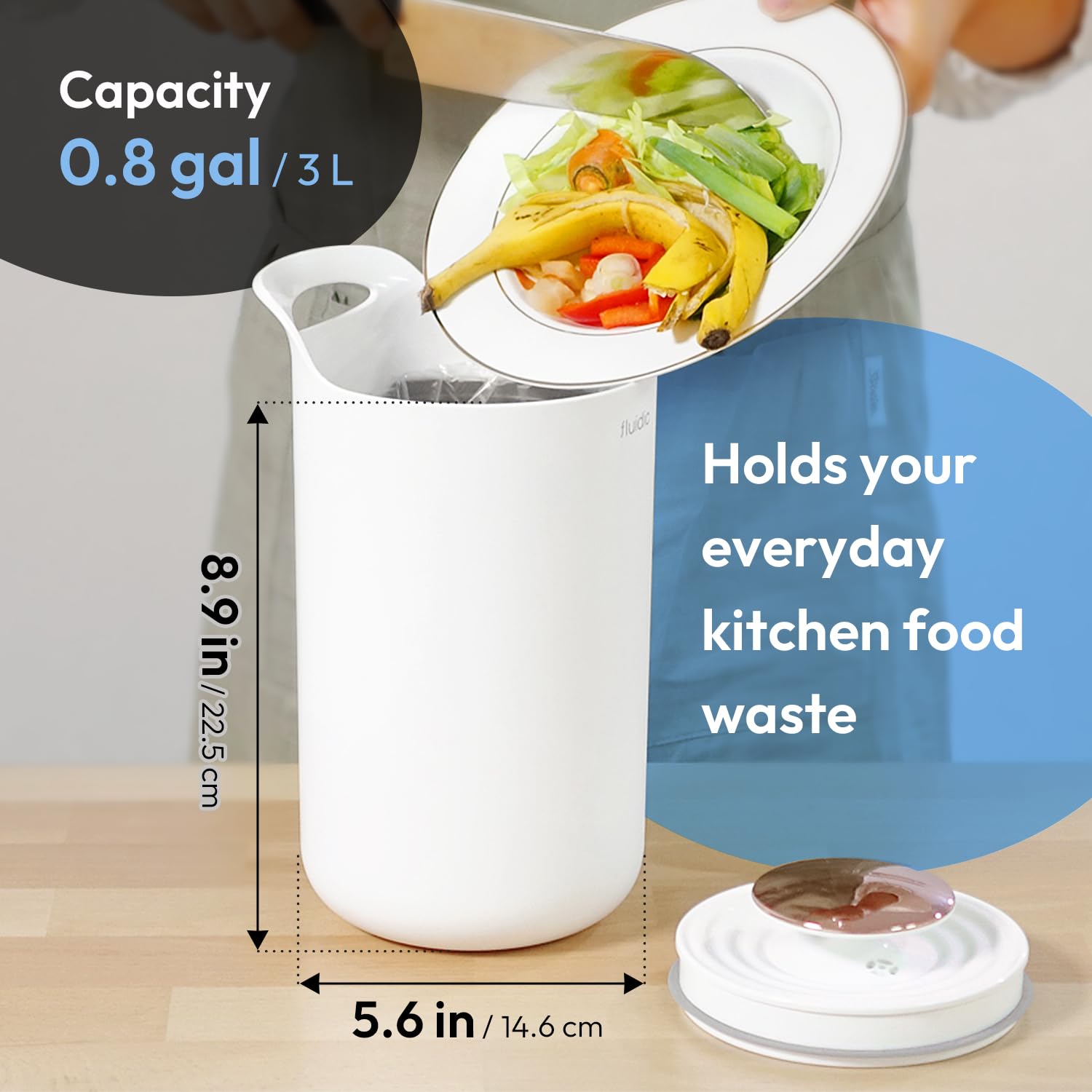 Carrotez Compost Bin for Kitchen Countertop, 0.8 Gallon (3 Liter) Small Food Waste Mini Compost Bin with Lid, Odorless Vacuum Seal - White