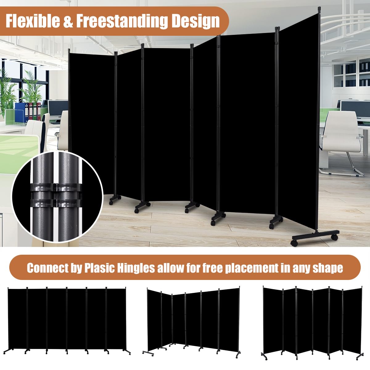 Room Divider Portable 132'' Partition Room Dividers and Folding Privacy Screens 6 Panel Wall Divider for Room Separation, Freestanding Fabric Room Divider Panel with Wheels for Home Office Hospital