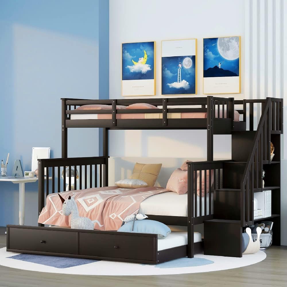 Harper & Bright Designs Twin Over Full Bunk Beds with Twin Size Trundle and Stairs, Wooden Bunk Bed with Storage & Guard Rail for Bedroom, Dorm, for Teens, Adults, Espresso