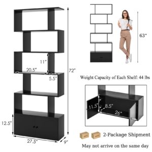 SILKYDRY 6-Tier Geometric Bookcase with Cabinet, 72 Inch Freestanding Room Divider Bookshelf, S-Shaped Open Display Book Shelf for Bedroom, Modern Bookcases with Doors and Shelves (2, Black)