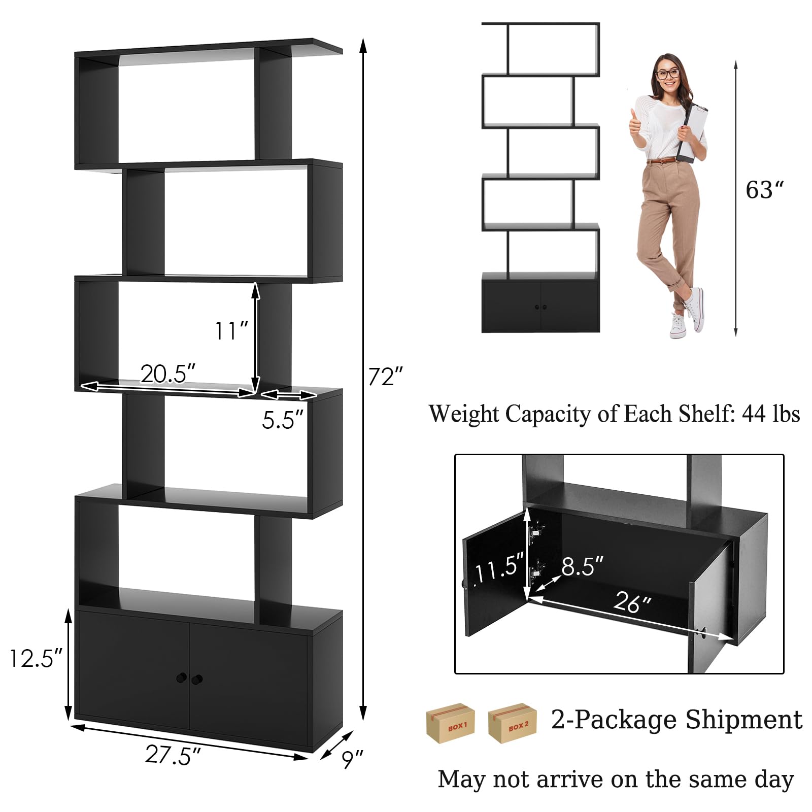 SILKYDRY 6-Tier Geometric Bookcase with Cabinet, 72 Inch Freestanding Room Divider Bookshelf, S-Shaped Open Display Book Shelf for Bedroom, Modern Bookcases with Doors and Shelves (2, Black)