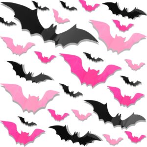 junebrushs 120pcs bats wall decor, 8 different sizes pink black 3d bat halloween decorations,bat sticker for diy home decor, indoor hallowmas party supplies