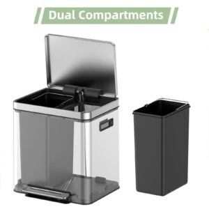 GarveeHome 30L/8 Gallon Dual Trash Can, Rectangular Waste Basket with Metal Lid & Step Foot Pedal, Double Compartment Classified Garbage Can, Stainless Steel Trash Can with Removable Inner Bucket