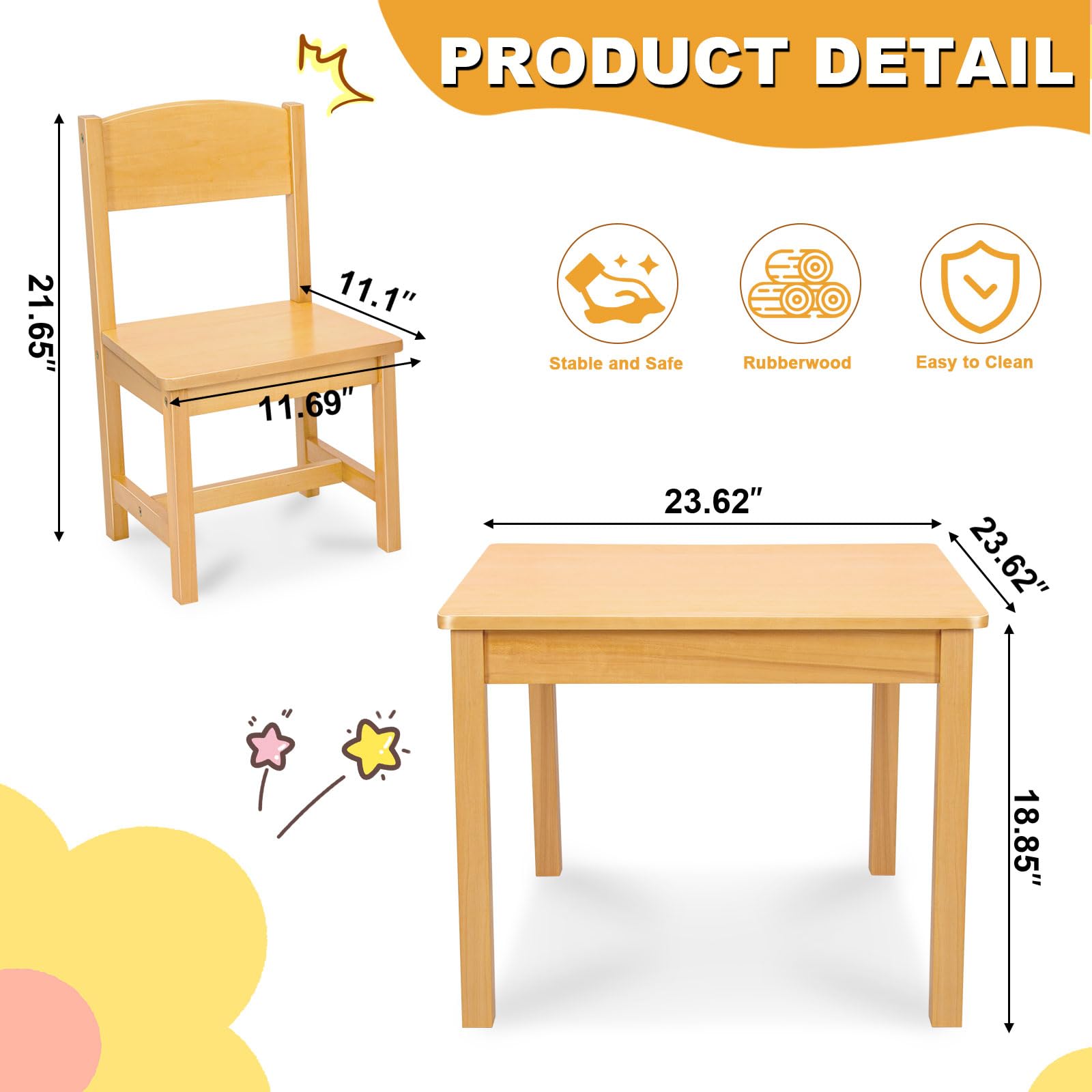 Romswi 3 in 1 Solid Wood Kids Table and Chair Set,with Stable and Sturdy Table and Chair Stood., for Arts, Crafts, Reading, Preschool, Kindergarten, Playroom,Gift for Ages 5-12