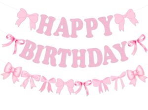 bow happy birthday banner garland, pre-strung pink coquette bow birthday banner for girls bow birthday party decorations, coquette birthday decortions, bow party decorations