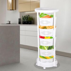 QIUTMER Rotating Storage Rack 5 Tiers Round Rotating Fruit and Vegetable Basket Kitchen Storage Rack with Universal Wheels White for Living Room Kitchen Laundry Room Craft Room Bathroom