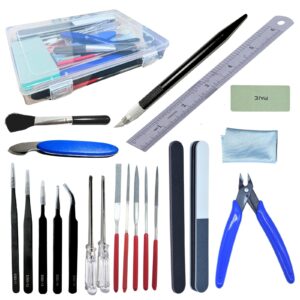 junyaohsu gundam model tools kit, 34pcs hobby tool set, pliers, separator, files, screwdriver, tweezers, polishing strip, graver, blades for buildings, gundam, robots models minature