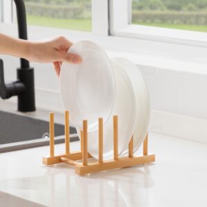 Oyydecor Bamboo Dish Drying Rack for Kitchen Counter and Cabinet, Dish/Book/Plate/Bowl/Cup/Cutting Board/Pot Lid Organizer for Kitchen, Living Room, Study, Display Cabinet (4 Slots)