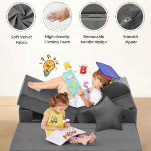 Modular Kids Play Couch, Kidirect K12 PRO DIY 400+ Creative Kids Couch for Playroom, Upgraded Play Couch Convertible Rocking Horse, Sectional Kids Sofa Couch with Star Moon for Kids and Toddlers(Grey)