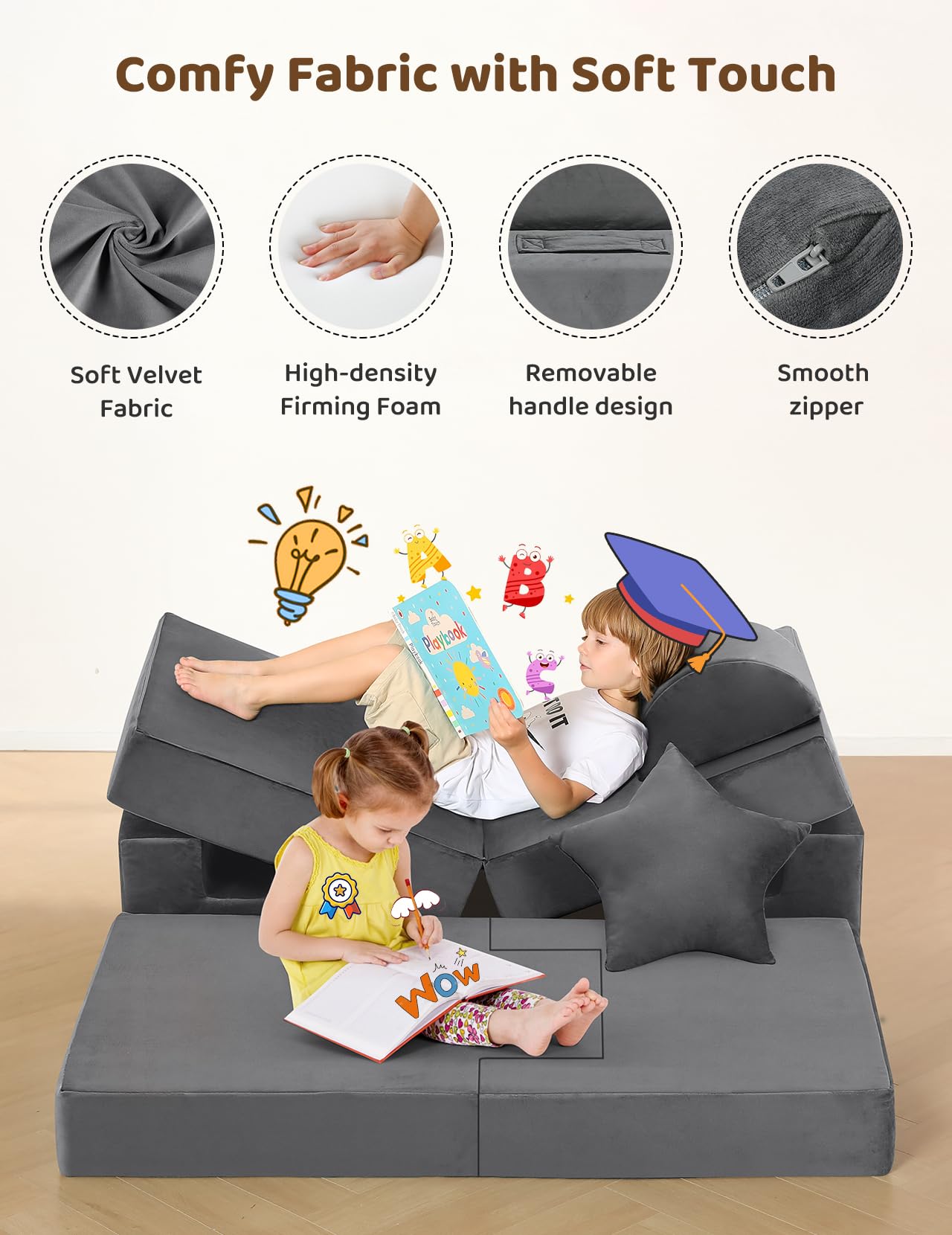 Modular Kids Play Couch, Kidirect K12 PRO DIY 400+ Creative Kids Couch for Playroom, Upgraded Play Couch Convertible Rocking Horse, Sectional Kids Sofa Couch with Star Moon for Kids and Toddlers(Grey)