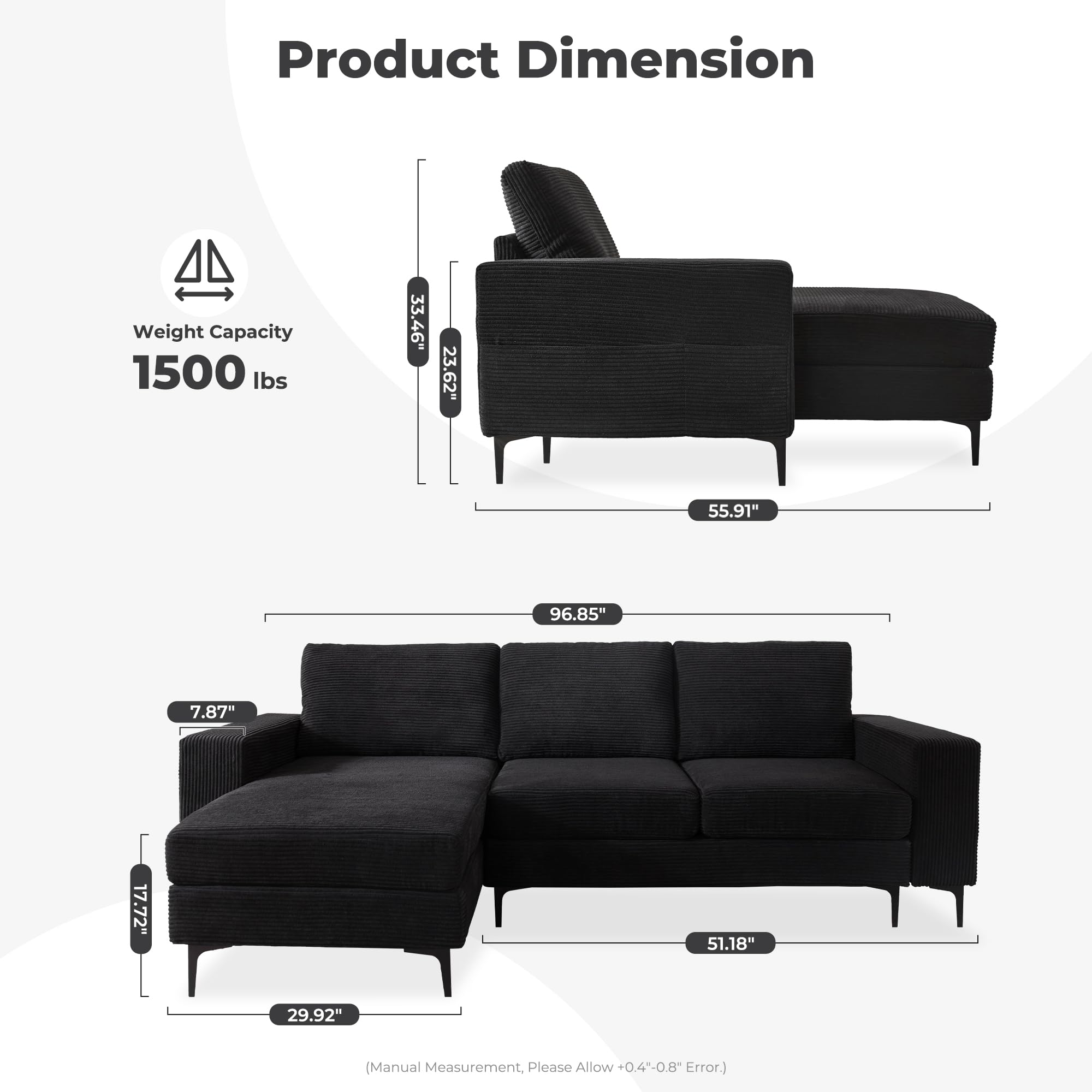 ovios 97" Modern L Shape Couch with Comfy Lounge Chaise, Comfortable Sofa with Thicken Deep Seat. Upholstered Widen Armrest Sofas for Living Room Bedroom Apartment Office, Black, Corduroy Fabric