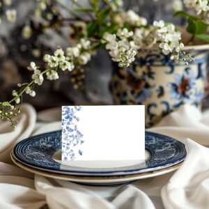 JarThenaAMCS 100Pcs Blue Floral Place Cards 3.5 x 2 Inch Chinoiserie Flower Tented Cards Seating Cards for Party Table Setting Supplies