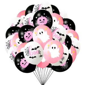 happy halloween balloons, halloween pink white and black latex balloons with cute ghost, pink pumpkin, black bat designs for halloween party favors, baby shower, halloween birthday party decorations