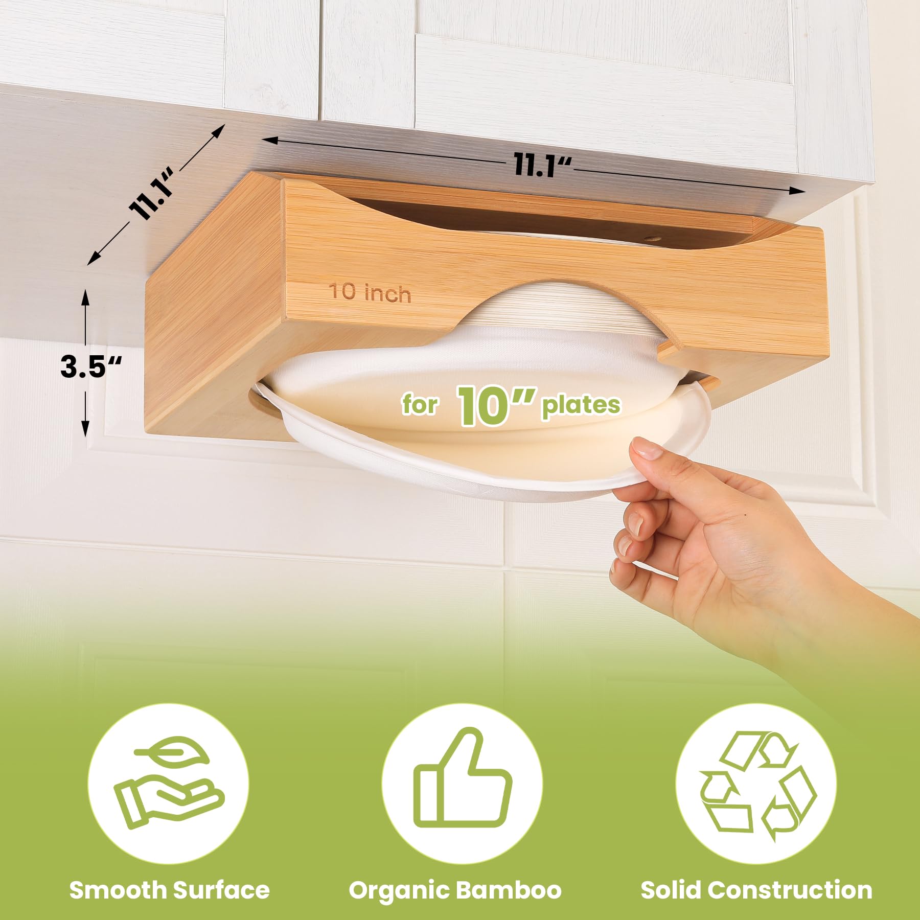 10-inch Paper Plate Dispenser, Bamboo Under Cabinet Paper Plate Holder, Kitchen Countertop Vertical Under Cabinet Plate Rack (For 10-inch Plates, Bamboo)