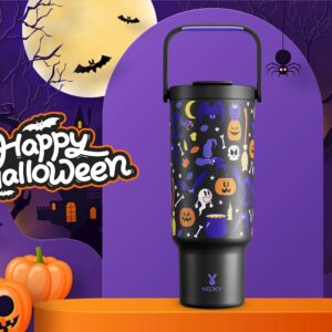 Meoky 40 oz Halloween Tumbler with Handle and Straw, Glow in the Dark Insulated Water Bottle, Stainless Steel Travel Mug, Keeps Cold for 34 Hours, Fits in Car Cup Holder (Haunted Pumpkin)