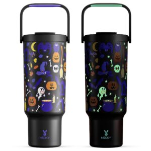 meoky 40 oz halloween tumbler with handle and straw, glow in the dark insulated water bottle, stainless steel travel mug, keeps cold for 34 hours, fits in car cup holder (haunted pumpkin)