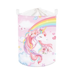 clastyle large rainbow unicorn kid laundry hamper for girl collapsible pink flower clothes toy storage basket with lid for nursery