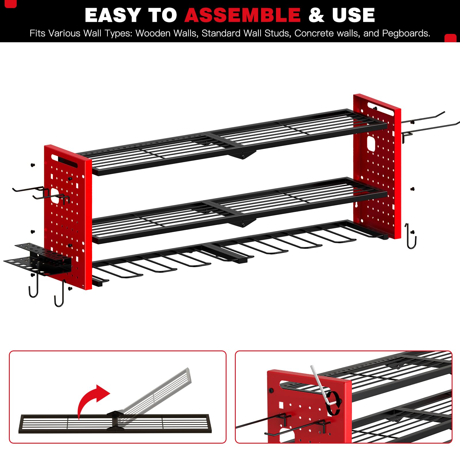 NattyDot Power Tool Organizer Wall Mount,Cordless Drill Hanger Storage Rack 8 Drill Holder,3 Layers Heavy Duty Power Tool Storage Rackr(Red)