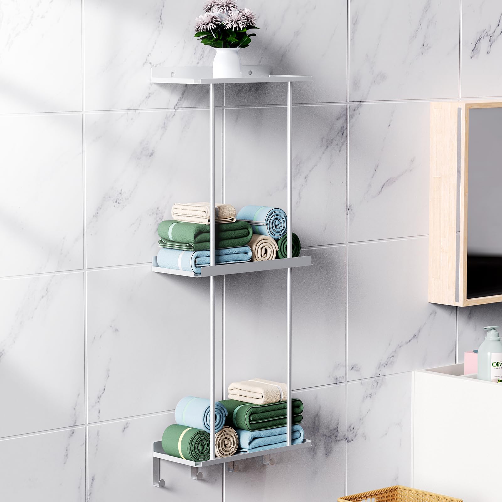 Foirfe 3 Tier Wall Mounted Bathroom Towel Storage Rack with Wood Shelf Space Saving Solution for Small Bathrooms Stylish and Functional Sliver Design