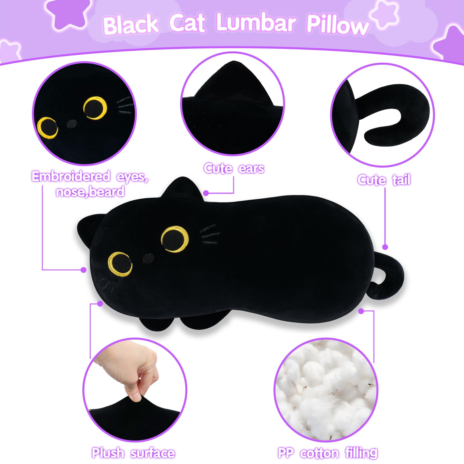 Black Cat Plush Lumbar Pillow, Stuffed Animals Cat Plush Pillow, Cute Cat Travel Pillow Cat Nap Pillow Waist Cushion, Cat Plushie Black Cat Toy Pillow for Kids Gift for Christmas Thanksgiving Birthday