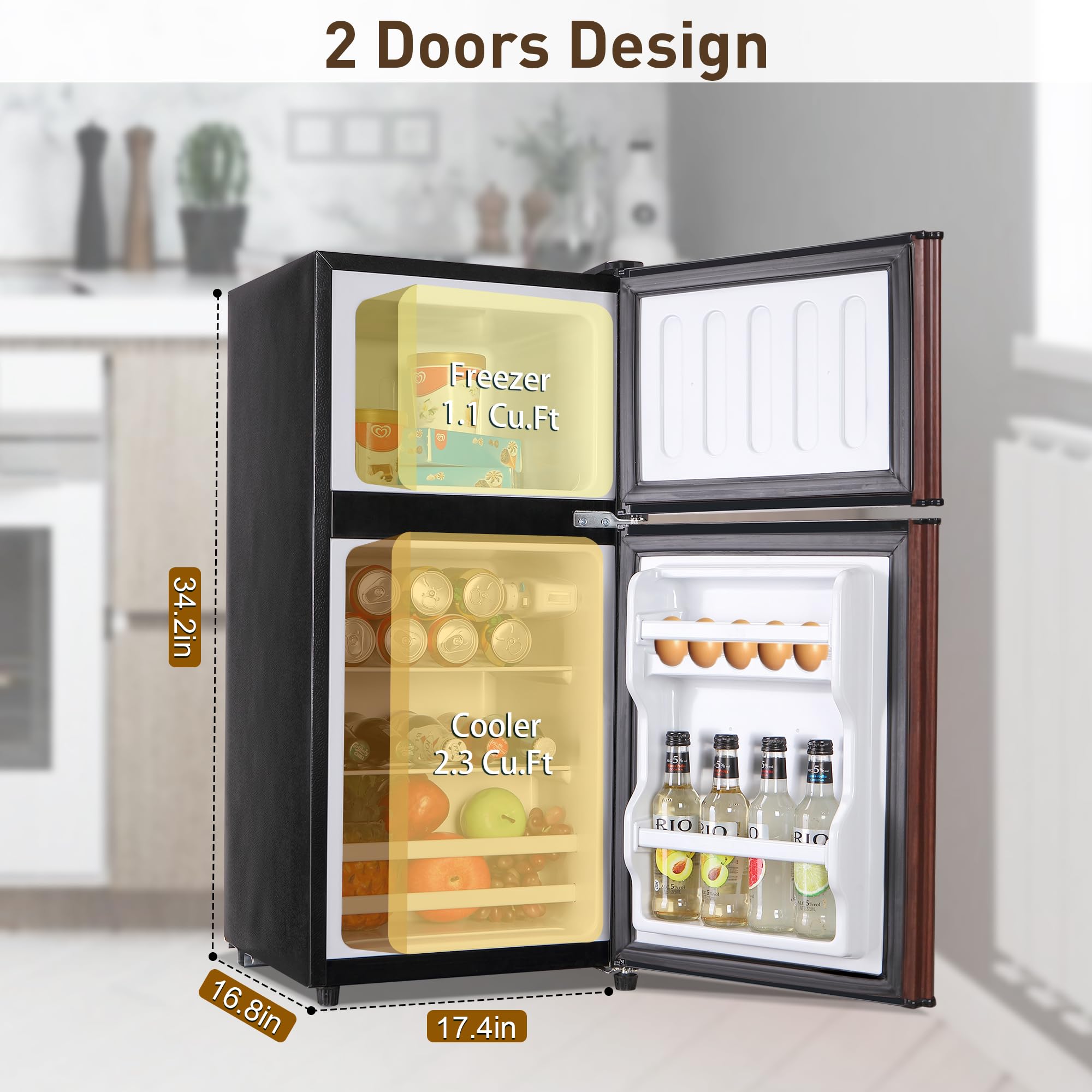 OOTDAY 3.4 Cu.Ft Compact Refrigerator, Small Fridge with Double Door, Apartment Size Refrigerator with 7 Level Adjustable Thermostat Control Perfect for Kitchen Dorm Apartment Office Wood