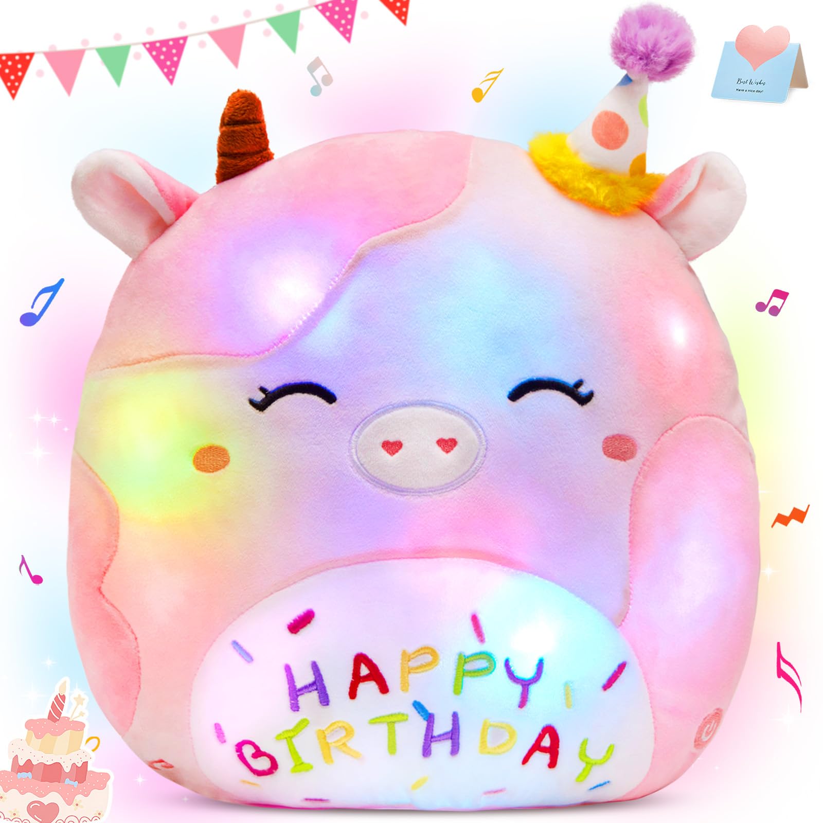 CozyWorld Light up Musical Happy Birthday Cow Plush Pillow,LED Stuffed Animals,Pink Cow Glowing Singing Plush Toy,Cute Plushie Doll Birthday Gift for Toddler Boys Girls,14''