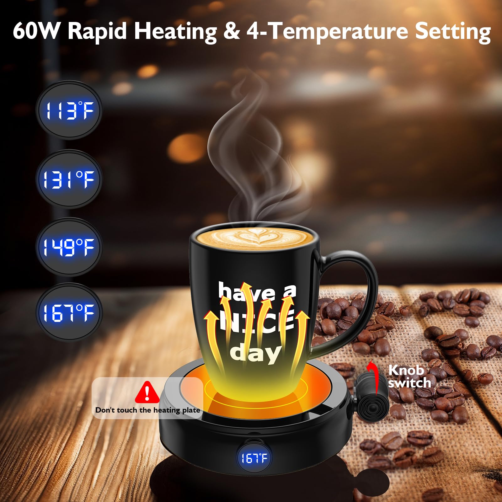 Coffee Mug Warmer & Mug Set, 60W Coffee Cup Warmer for Desk Home Office Use with 4-Temperature Settings, Auto On/Off Gravity-Induction, 14Oz Mug, Great Coffee Gift on Christmas/Birthday, 2024 Upgrade