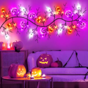 9FT 72 LED Halloween Decorations Willow Vine Twig Garland with 8 Modes Orange Purple White Lights & Timer & 8 Pumpkin Bat Ghost,Battery Operated Halloween Garland for Mantel Table Indoor Home Decor