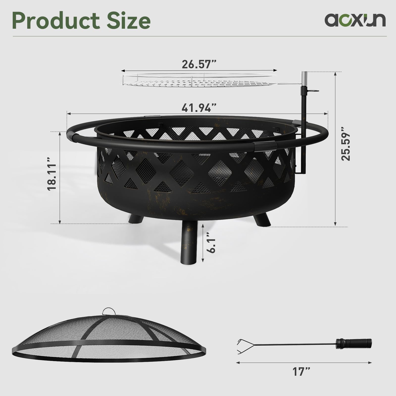 Aoxun Fire Pit, 42" Outdoor Wood Burning Fire Pit with Large Grill, BBQ Large Fire Table for Camping, Heating, Picnics