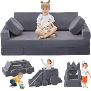 kidzsof 16pcs kids couch, modular kids play couch for toddlers, 1000+diy convertible kid sofa for playroom bedroom building fort, versatile foam kid play couch for child boys & girls baby, grey