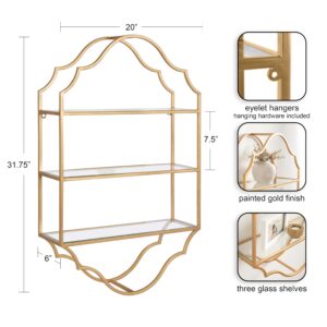 Kate and Laurel Leanna Scalloped Three-Tiered Wall Shelf, 20 x 32, Gold, Decorative Floating Shelf Storage and Wall Organizer for Bathroom Over Toilet Storage or Display