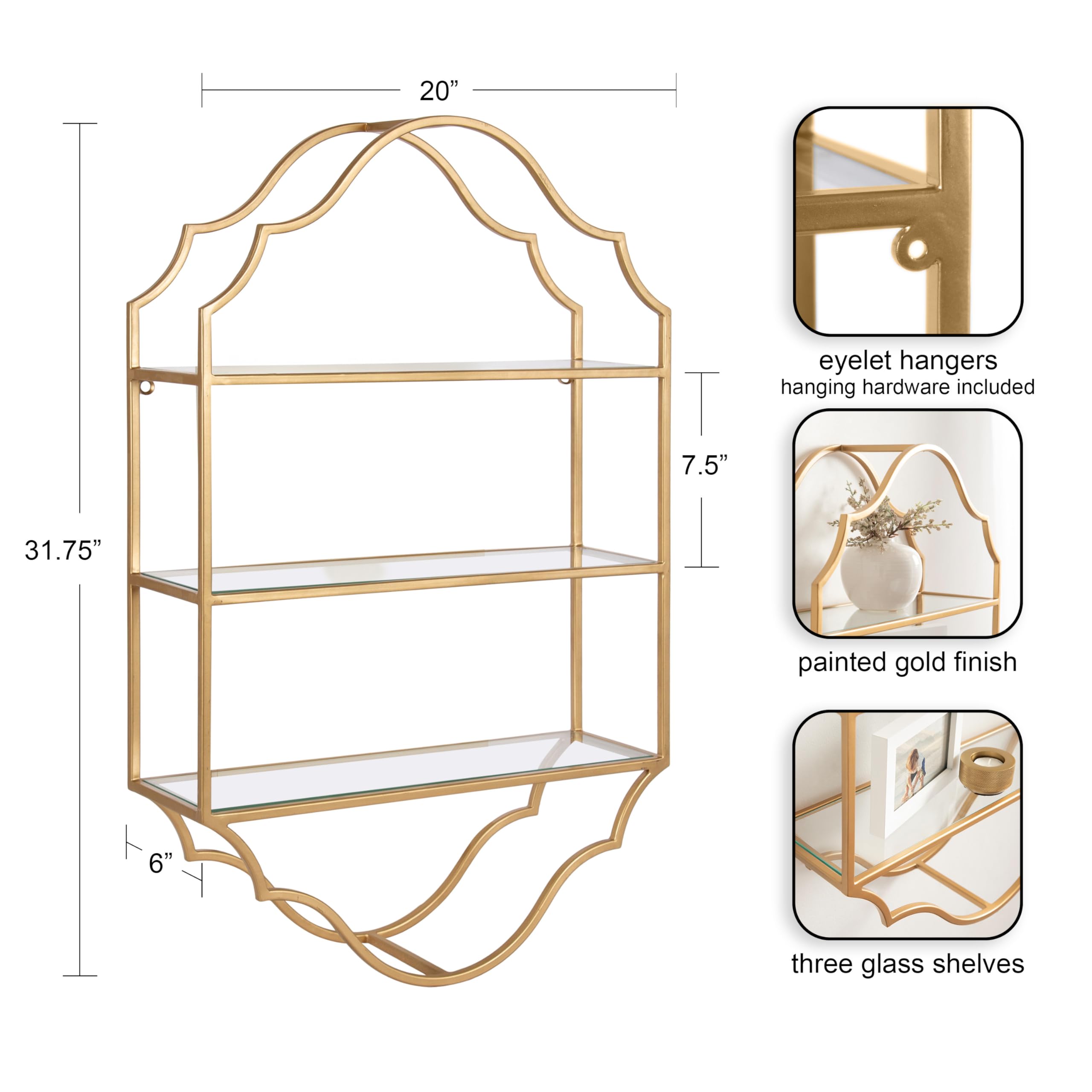 Kate and Laurel Leanna Scalloped Three-Tiered Wall Shelf, 20 x 32, Gold, Decorative Floating Shelf Storage and Wall Organizer for Bathroom Over Toilet Storage or Display