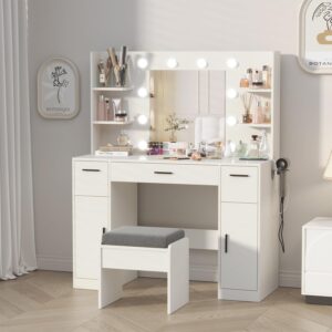 mechyin vanity desk, make up vanity desk with mirror and lights, vanity with power outlet and stool, 3 drawer 3 cabinets storage unit dresser, vanity with lights 3 models settings for bedroom (white)