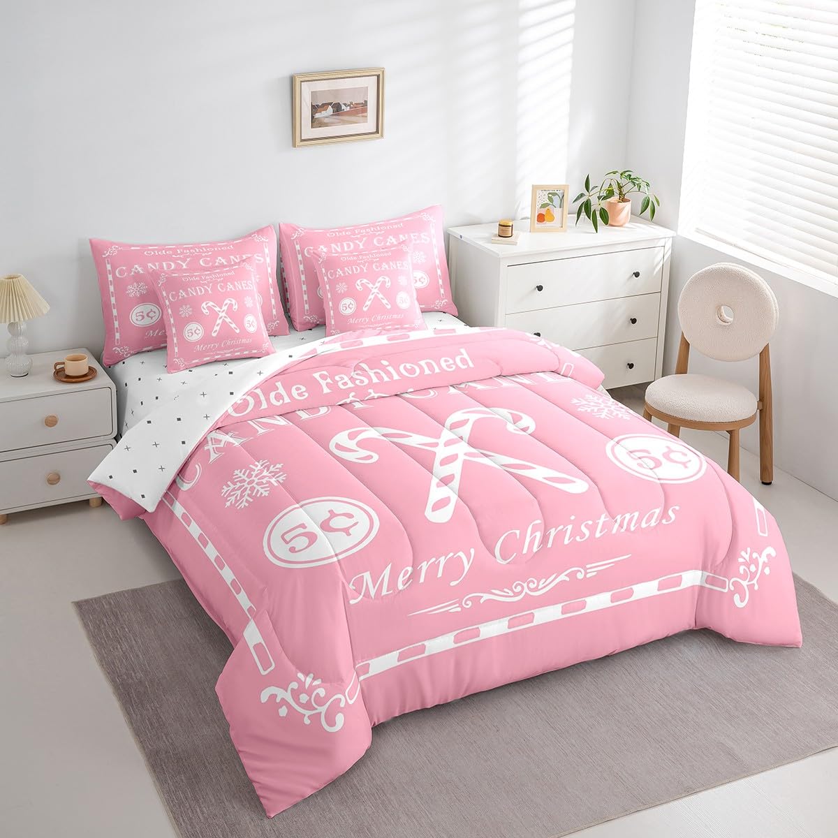 Feelyou Christmas Bedding Set 7 Pieces King Size Kids Christmas Quote Bedding Set Teens Candy Canes Print Comforter Set Xmas Pink White Bed in a Bag （Comforter, Sheets, Pillowcases & Cushion Covers）