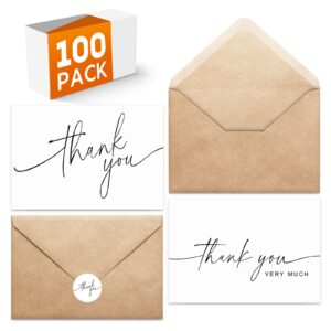 100 pack thank you cards bulk with kraft envelopes and matching stickers, 4x6 inch blank greeting cards suitable for small business, baby shower wedding, graduation, bridal shower, funeral, engagement