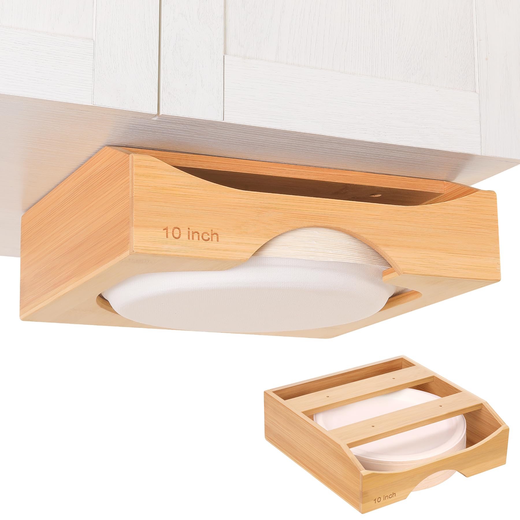 10-inch Paper Plate Dispenser, Bamboo Under Cabinet Paper Plate Holder, Kitchen Countertop Vertical Under Cabinet Plate Rack (For 10-inch Plates, Bamboo)