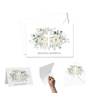 Rustic Elegance Thank You Cards with Envelopes (25 Pack) All Occasion Notecards Perfect for Baptism, Funeral, Religious Ceremonies, Sympathy - White Floral with Cross & Greenery Folded Stationery Set