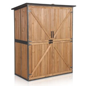 medehoo outdoor storage shed with floor - waterproof natural fir cabinet with adjustable shelves and double lock for anti-theft - suitable for storing garden tools, and household debris (brown)