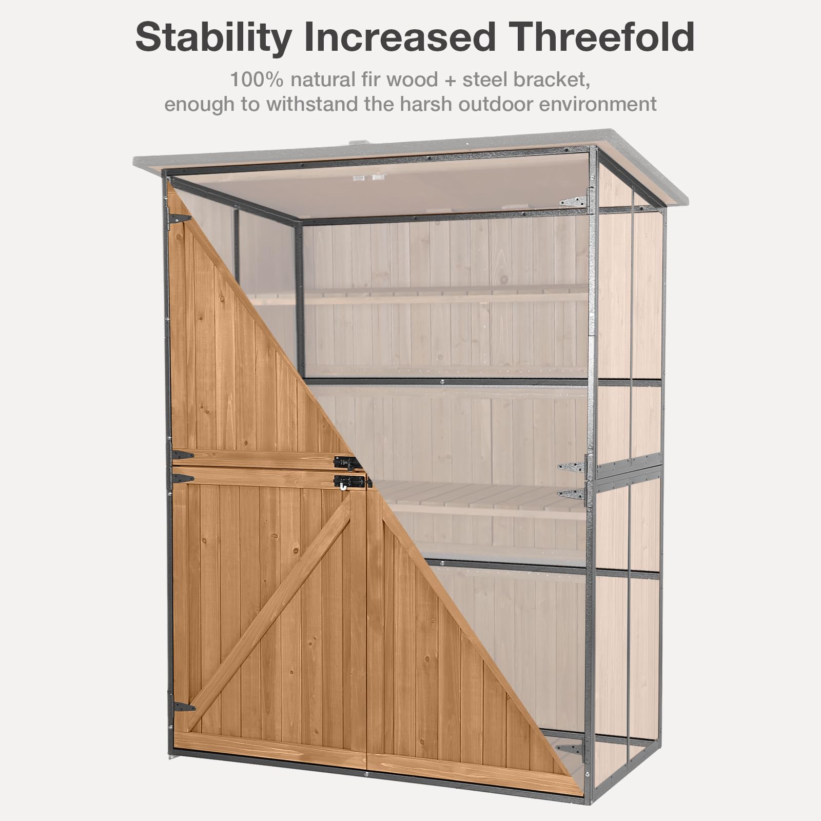 MEDEHOO Outdoor Storage Shed with Floor - Waterproof Natural Fir Cabinet with Adjustable Shelves and Double Lock for Anti-Theft - Suitable for Storing Garden Tools, and Household Debris (Brown)