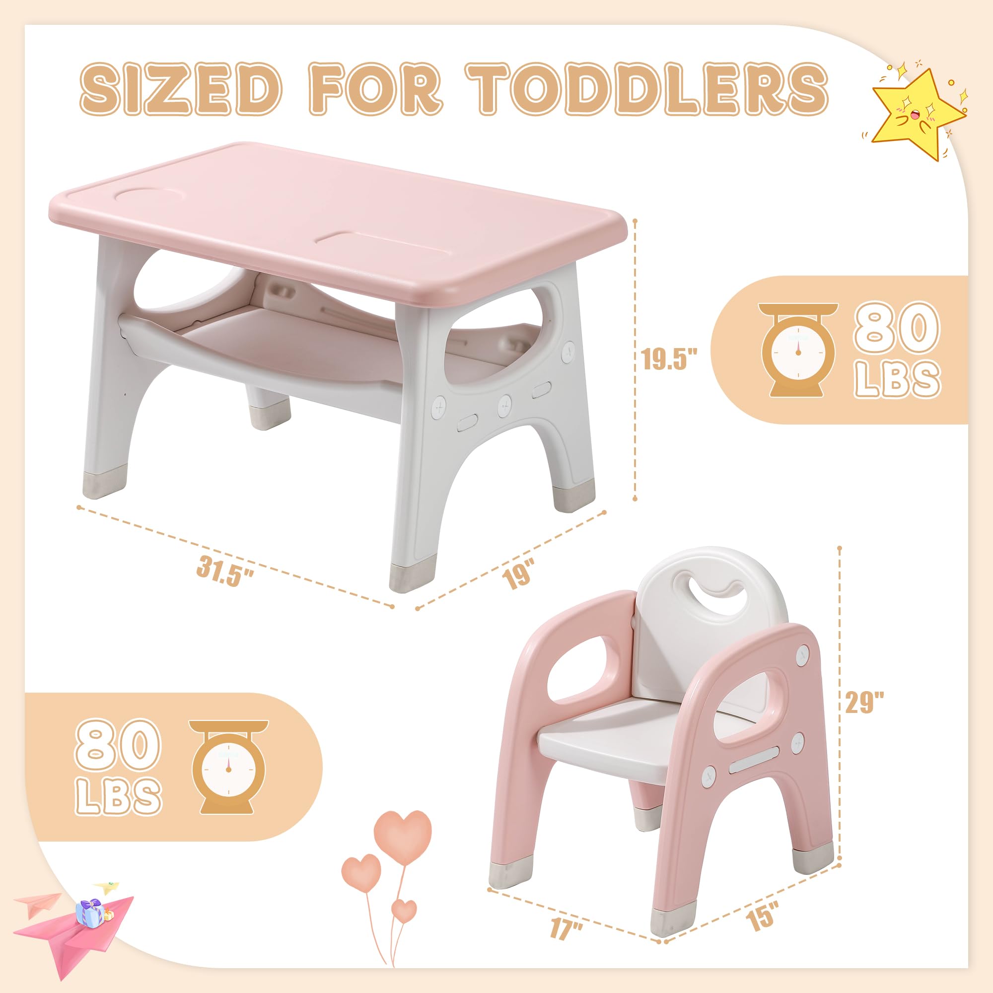 SINKIPA Kids Table and 2 Chairs Set, Toddler Activity Table Set with Storage Shelf, Toddlers Table and Chairs Set with Anti-Slip Foot Covers, Tables for Reading, Drawing, Eating, Playing