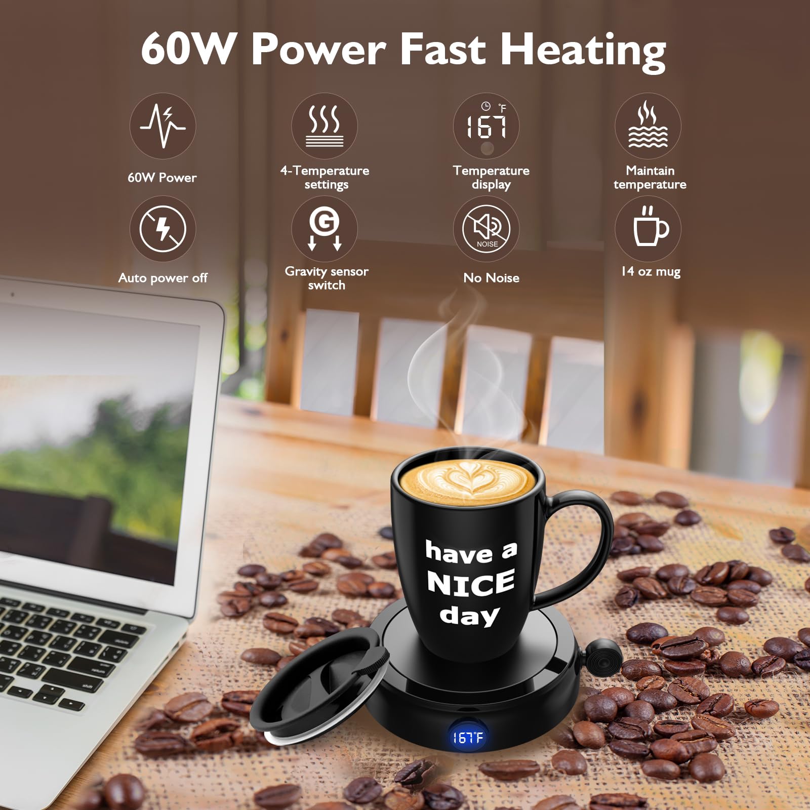 Coffee Mug Warmer & Mug Set, 60W Coffee Cup Warmer for Desk Home Office Use with 4-Temperature Settings, Auto On/Off Gravity-Induction, 14Oz Mug, Great Coffee Gift on Christmas/Birthday, 2024 Upgrade