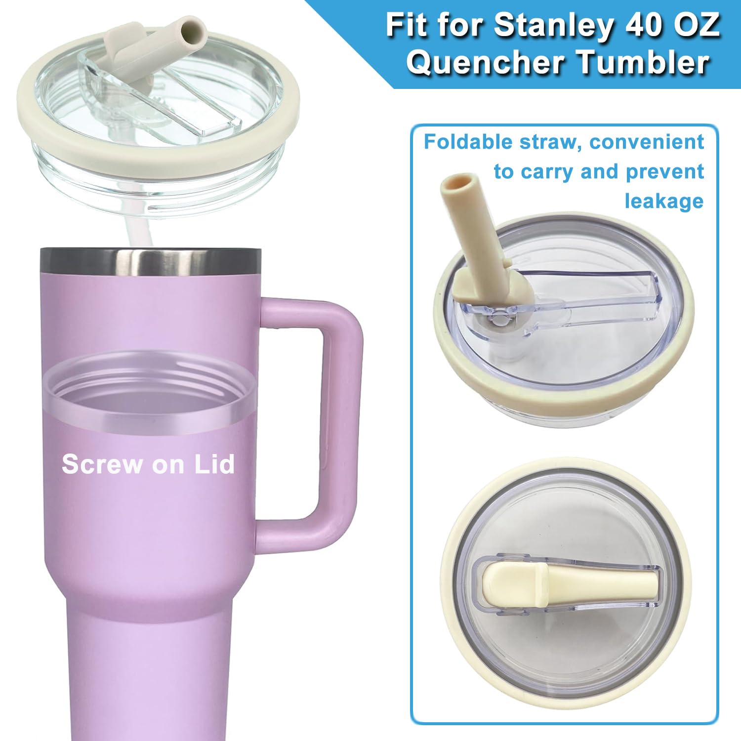 40 oz Tumbler Lid Replacement for Stanley Quencher, 2 Pack Flip Straw Replacement Lids with 2 Straws for 40 OZ Tumbler, Spill Proof Tumbler Covers for Stanley Cup, Cream White