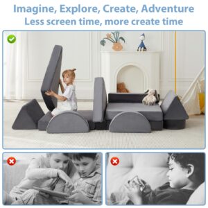 KIDZSOF 16Pcs Kids Couch, Modular Kids Play Couch for Toddlers, 1000+DIY Convertible Kid Sofa for Playroom Bedroom Building Fort, Versatile Foam Kid Play Couch for Child Boys & Girls Baby, Grey