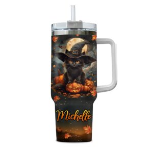 hyturtle personalized halloween black cat tumbler - gifts for cat lovers - black cat gift for women - spooky season cat gift - meoky halloween tumbler - custom travel coffee cup 40oz lid and straw