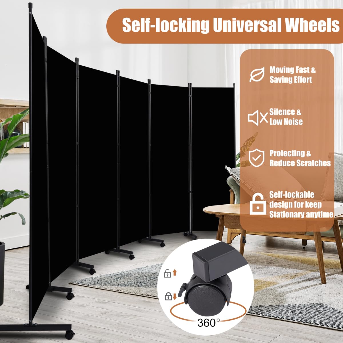 Room Divider Portable 132'' Partition Room Dividers and Folding Privacy Screens 6 Panel Wall Divider for Room Separation, Freestanding Fabric Room Divider Panel with Wheels for Home Office Hospital