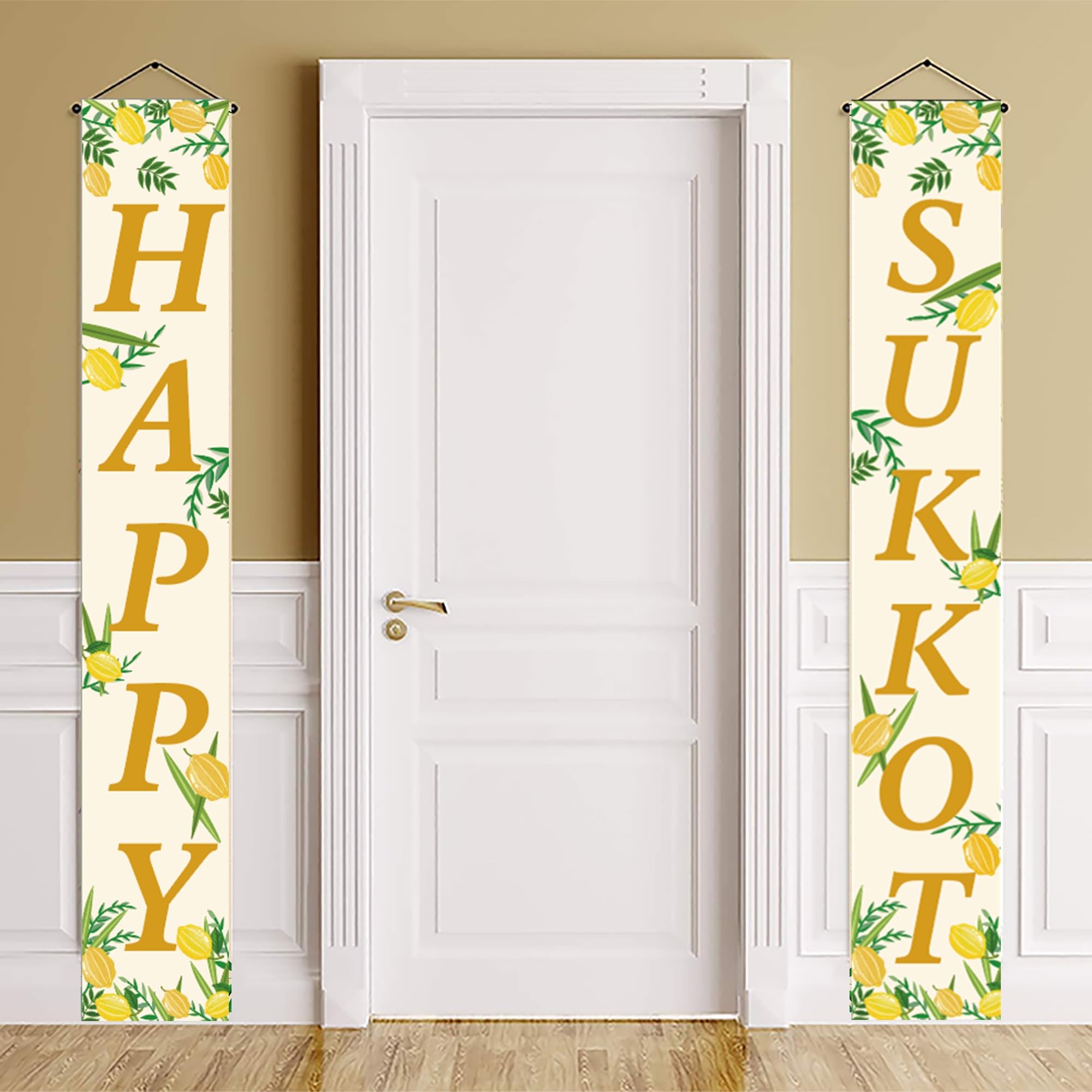 LOONELO Happy Sukkot Porch Banner with 70.9" X 11.8", Etrog Lulav Jewish Holiday Hanging Porch Sign, Sukkah Jewish Hebrewh Party Decorations Supplies for Jewish Holiday Sukkot Celebration Festival