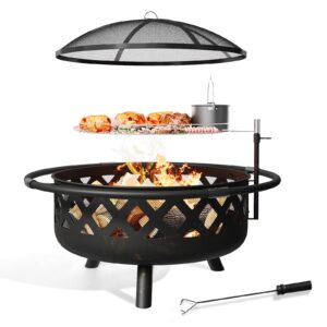 aoxun fire pit, 42" outdoor wood burning fire pit with large grill, bbq large fire table for camping, heating, picnics