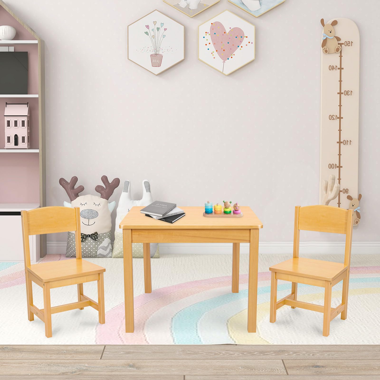 Romswi 3 in 1 Solid Wood Kids Table and Chair Set,with Stable and Sturdy Table and Chair Stood., for Arts, Crafts, Reading, Preschool, Kindergarten, Playroom,Gift for Ages 5-12